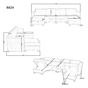 Goohome 116'' Modular Sectional, U-Shaped Velvet Convertible, Minimalist Modern 6 Seater Sleeper Couch with Chaise Ottomans, Sofa Sets, for Living Room, Bedroom, B-Dark Gray