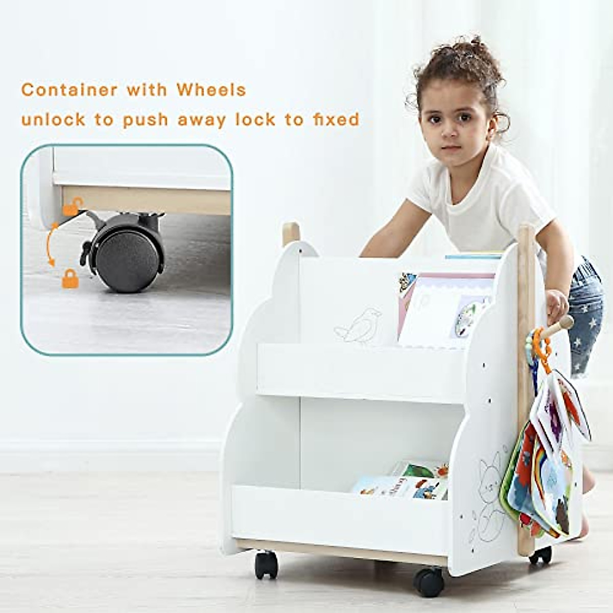 labebe Baby Wooden Bookshelf, Kids Bookshelf with Wheels for 36M+, Book Rack Wood/Kid Bookcase/Children Bookshelf/Toddler Book case/Children Books Display Self/Infant Book Toy Storage White