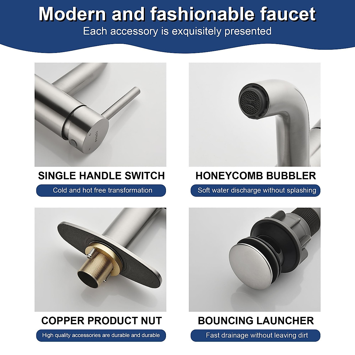 PHICHI Brushed Nickel Single-Handle Bathroom Faucet, 1 or 3 Hole Basin Bath Tap with Pop Up Drain and Deck Plate, Modern One-Hole RV Faucet Washbasin Faucet Countertop