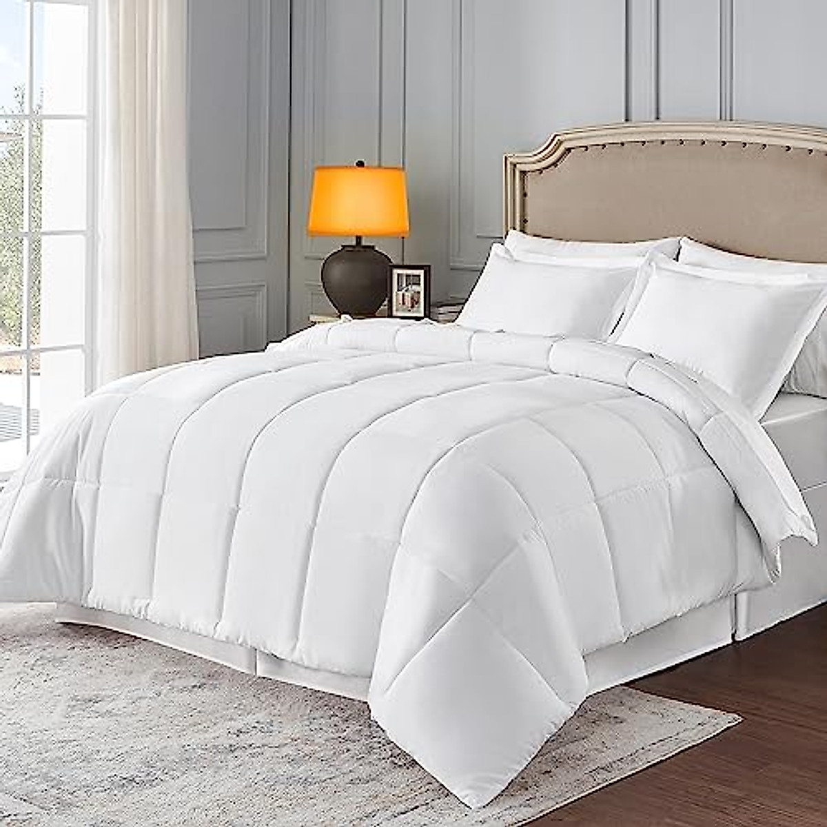 Ihanherry White King Comforter Set 8 Pieces, All Season Bed in a Bag, Comfortable King Bedding Sets with 1 Bed Skirt, 1 Fitted Sheet, 1 Flat Sheet, 1 Comforter, 2 Pillowcases, 2 Pillow Shams