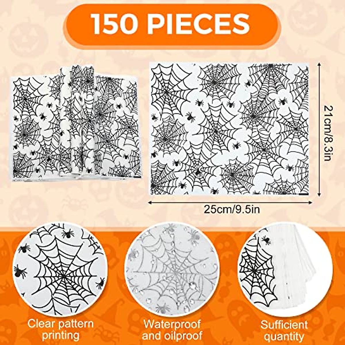 150 Pcs Halloween Themed Wax Paper Sheet Food Sandwich Wrapping Paper Waterproof Oil Proof Deli Paper Sheets Deli Sheets Food Picnic Paper Liners Wrapping Tissue for Kitchen Food Supply (Black Spider)