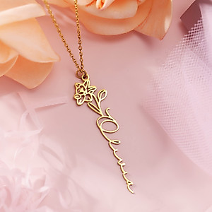 Dreamdecor Custom Birth Flower Name Necklace 18K Gold Plated Floral Name Necklace Personalized Bridesmaid Proposal Gifts for Women
