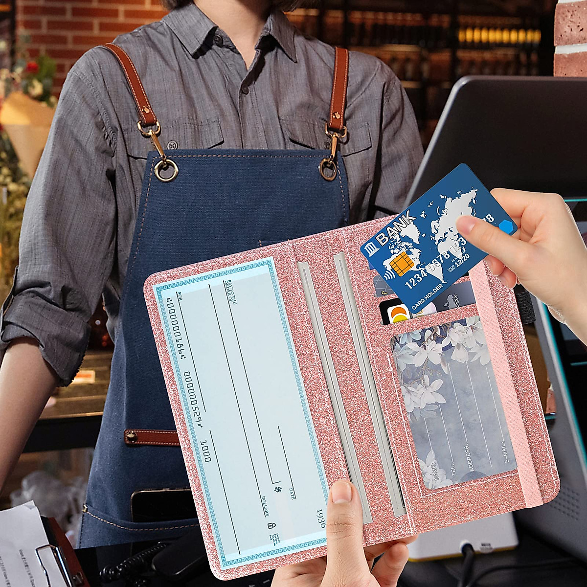 ACdream Checkbook Cover, Leather RFID Blocking Check Book Wallet, Protective Premium Business and Personal Duplicate Checks Holder, with Credit Card Slot for Women Men, Glitter Rose Gold