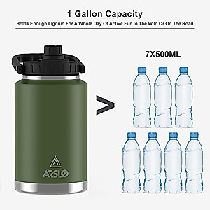Arslo 1 Gallon Vacuum Insulated Jug,Double-Walled 18/8 Food-grade Stainless Steel 128oz Water Bottle,Hot/Cold Thermos Military Green