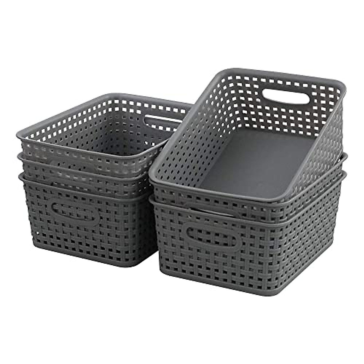 Readsky Small Woven Plastic Storage Baskets, Plastic Baskets for Shelves, Gray, Pack of 6