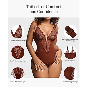 Popilush Corset Tops for Women Tummy Control Shapewear Brown Lace Thong Bodysuit Backless Body Suit L