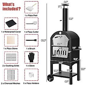 Giantex Pizza Oven Outdoor, Wood Fire Pizza Grill Maker with Waterproof Cover, Pizza Stone and Peel, 2 Layer Steel Pizza Oven Cooker with Wheels for Barbecue Camping Backyard Party