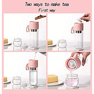 Glass Tea Bottle Double Layer Glass Tea Infuser,14 oz Travel Mug with Strainer Tea Bottle for Loose Leaf Tea, Tea Cup with Stainless Steel Mesh Filter, Portable Glass Water Bottle (White)…