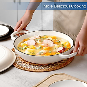 NUTRIUPS 3.6 Quart Braiser Enameled Cast Iron Dutch Oven Pot with Lid, Dutch Oven Cast Iron Non Stick Larger Handle, Cast Iron Braiser Pan with Lid Enameled Dutch Oven (Beige + white)