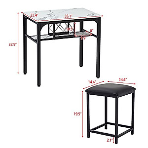 Kinfant 3 Pcs Bar Dining Table and Chairs Set with Faux Marble Tabletop - 2 Chairs, Contemporary Dining Table Set with Wine Rack for Home, Hotel, Dining Room, Kitchen or Bar, White & Black