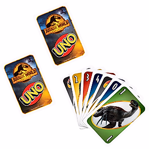 Mattel Games UNO Jurassic World Dominion Card Game, Movie-Inspired Deck with Dinosaur Graphics in Collectible Storage & Travel Tin for Kids, Fans, Adults & Family Nights
