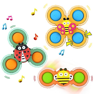 FIDWOD 3Pcs Suction Cup Spinner Toy for Baby - Bath Spinning Toys for Toddlers Infants 1+ Year Old - Sensory Fidget Toys Window Travel Airplane Bathtub Shower - First Birthday Gift for Girls Kids