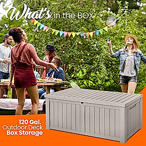 SereneLifeHome 120-Gallon Deck Storage Box - Waterproof Outdoor Large Resin,Garden Tools, Patio Furniture & Sports Equipment, Water-resistant, Weatherproof, Lock Included (SLSTBX60)