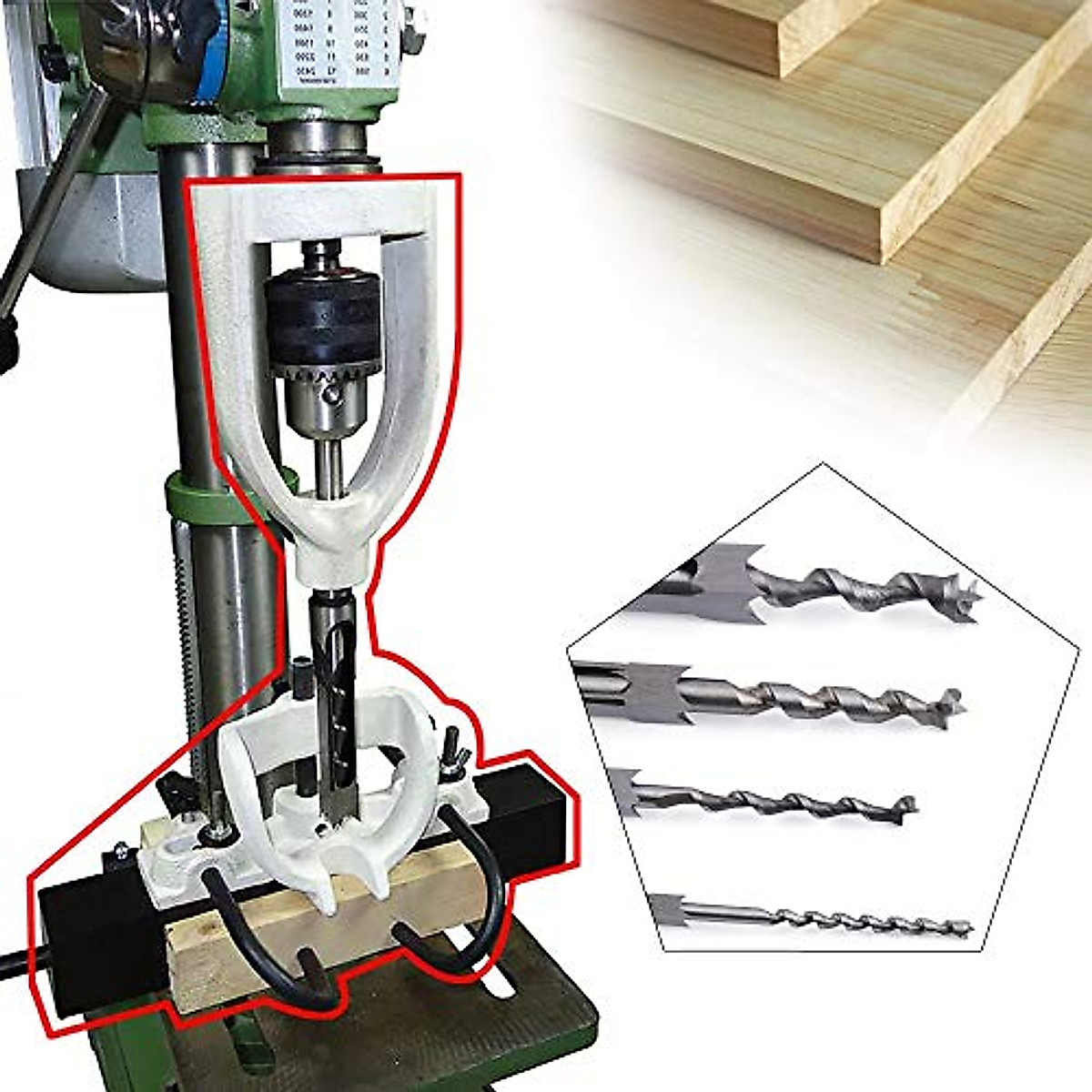 CHUNILLE Square Hole Chisel and Bit Machine Set, Mortising Kit Woodworking Bench Drill Joint Mortise Square Hole Drilling Set of Bench Drill with 4 Bits