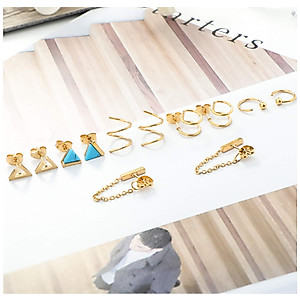 ORAZIO 6 Pairs Minimalist Hoop Stud Earrings Set for Men Women Small Triangle Cuff Huggie Chain Dangle Earrings Stainless Steel Cartilage Helix Piercing Set