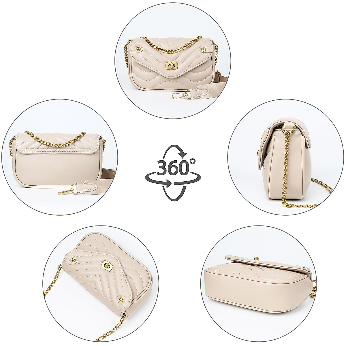 Small Crossbody Purses for Women Pu Leather Chain Quilted Handbag Designer Shoulder Bags Coin Cellphone Purse Set 2pcs (Khaki)