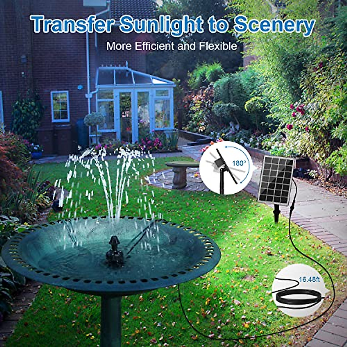 GAIZERL Solar Fountain with 2000 Battery - Work On Cloudy Days - 2023 Upgrade 3.5W Glass Panel Solar Powered Bird Bath Water Pump with Stakes, 16.4ft Cable, Colorful LED Lights, 7 Nozzles for Garden