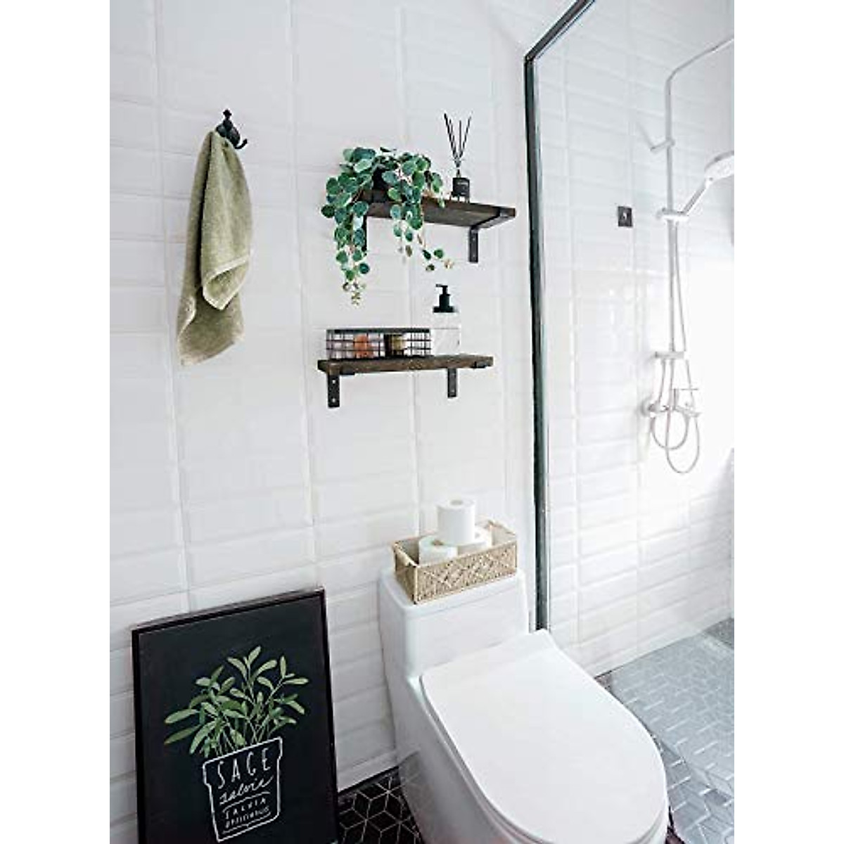 Mkono Floating Shelves Wall Mounted Rustic Wood Wall Shelf Modern Storage Shelving with L Brackets for Home Decor Bathroom Bedroom Living Room Kitchen Office Set of 2, Brown, 17"