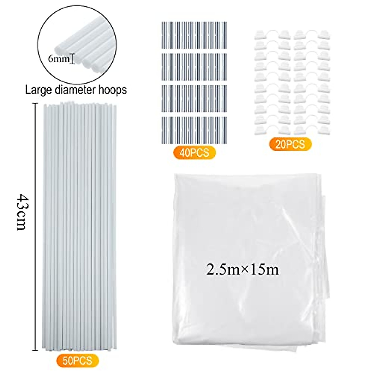 Garden Hoops Kits for Raised Beds Include 50 Pcs of Greenhouse Hoops with 49 x 8 ft Clear Greenhouse Plastic Sheeting Film and 20 Clips Frame for Grow Tunnel Mini Greenhouse or Garden