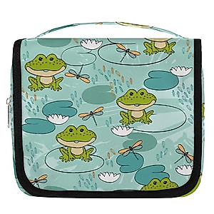 POFATO Frog Dragonfly Lotus Leaf Travel Toiletry Bag Cosmetic Makeup Bag for Women Men Hanging Hook Wash Toiletries Portable Toiletry Bags Organizer