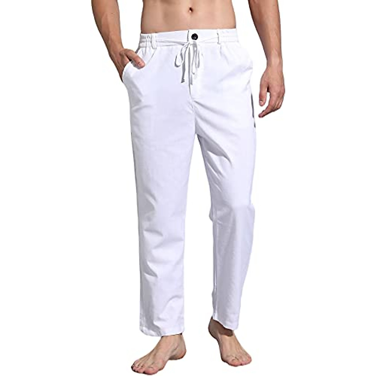 AITFINEISM Men's Casual Linen Pants Elastic Waist Summer Beach Loose Fit Trousers (32-34, A-White)