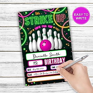 Colorful Neon Glow Bowling Birthday Invitations, Let's Strike Up Some Fun Birthday Party Invites For Kids Adults， Birthday Party And Events Supplies, 20 Fill-In Invites Cards With Matching