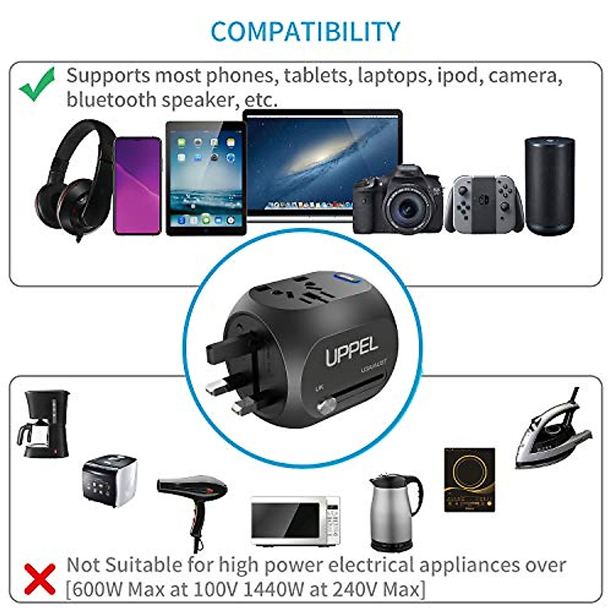 UPPEL Universal Travel Adapter Power Adapter All in One European Adapter Travel Converter with QC3.0&USB&Type-C Port Function Charger,Universal Plug Adapter Used in UK/US/EU AU/Asia(200 Countries)