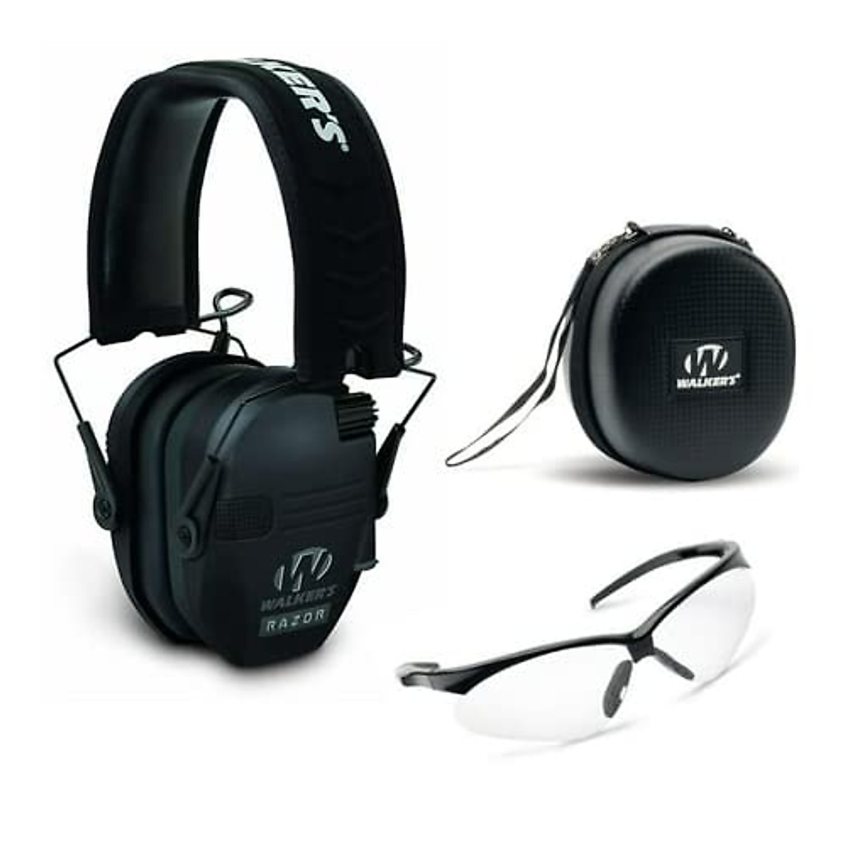 Walker's Razor Slim Electronic Muff with Case and Shooting Glasses (Black) Bundle (3 Items