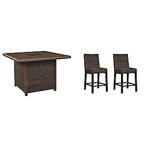 Signature Design by Ashley Paradise Trail Square Bar Table with Fire Pit, Medium Brown & Paradise Trail Outdoor 27.5" Wicker Patio Barstool, 2 Count, Brown