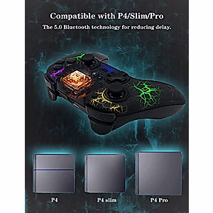 TJPD Wireless Controller for PS4, Wireless Remote Gamepad with Unique Cracked Design/8 Adjustable LED Colors/Programmable Back Buttons/Super Turbo/Dual Vibration, Widely Compatible with PS4/PC/iOS