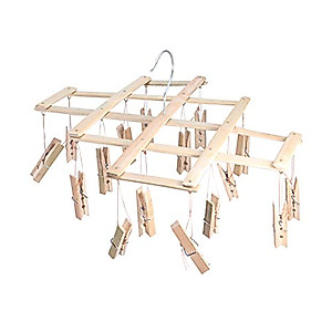 Cabilock Foldable Clip Hangers with Drying Clips Wood Underwear Hanger with 16pcs Clips Wooden Laundry Clip and Drip Drying Hanger for Socks Bras Lingerie Clothes Drying Rack 2pcs