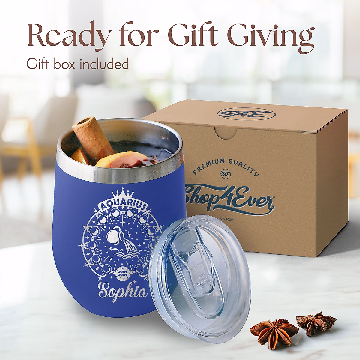 Custom Your Name Astrology Sign Zodiac Constellation Engraved Insulated Stainless Steel Wine Tumbler with Lid 12 oz. Personalized Horoscope Birthday Gift for Her