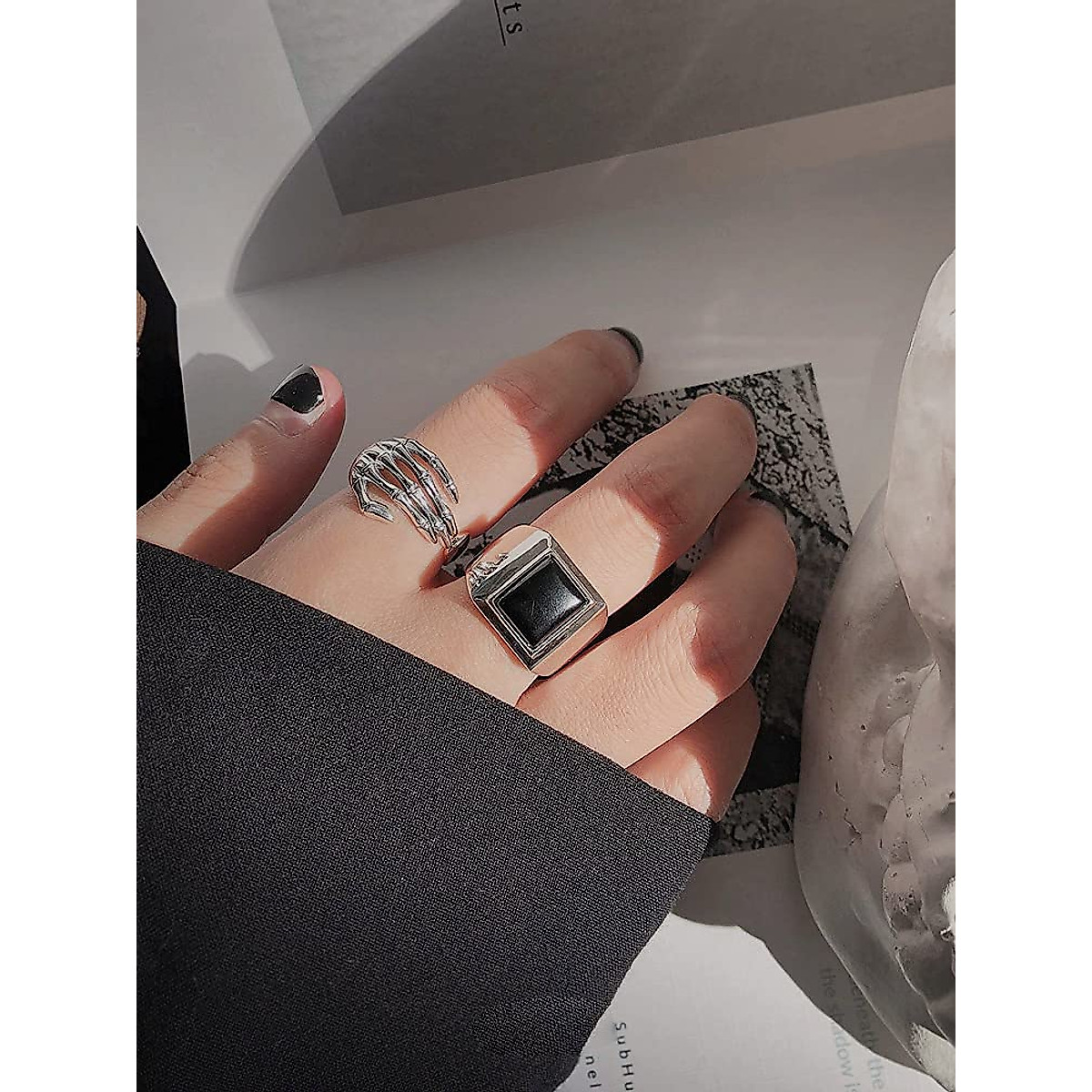 Vintage Skull Hand S925 Sterling Silver Open Band Ring for Women Girls Statement Adjustable Expandable Oxidized Gothic Skeleton Devil's Talons Finger Pinky Rings Comfort Fit Unisex Personalized Jewelry