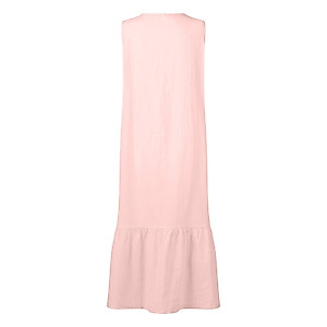 Women Summer Cotton Linen Dress Sleeveless Button Up V-Neck Loose Long Dress with Pockets Vacation Long Dress