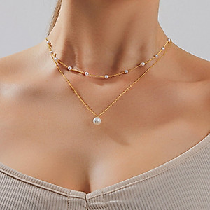 Partm Pearl Necklace for Women Layered Trendy 14K Gold Plated Dainty Pearl Pendant Choker Set Handmade Pearl Gold Necklace Stack Simple Cute Jewelry Gifts for Women