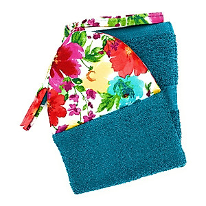 Red Pink Yellow Floral Flowers with Teal Turquoise Green Leaves on White Ties On Stays Put Kitchen Hanging Loop Hand Dish Towel She Who Sews