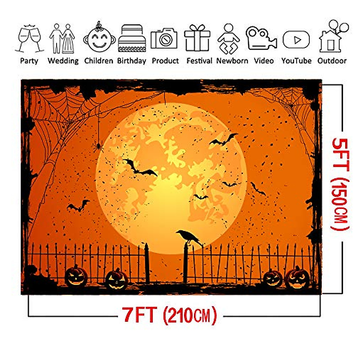 CYLYH 7x5ft Happy Halloween Orange Backdrop Halloween Eve BackdropHalloween Party Lantern Moon Bat Spider Web Graveyard Fence Photography Background Party Decorations