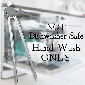 Reusable Training Chopsticks with Gray Whale Silicone Topper, Chopstick Trainer for Beginners, Authentic Chinese and Japanese Silverware, 8.5 Inches