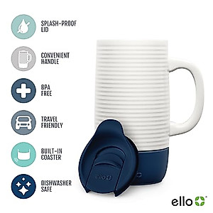 Ello Jane 18oz Ceramic Travel Mug with Handle, Splash-Resistant Slider Lid and Built-in Coaster, Perfect for Coffee and Tea, BPA Free, Dishwasher Safe, Holiday Gift Her Him, Midnight