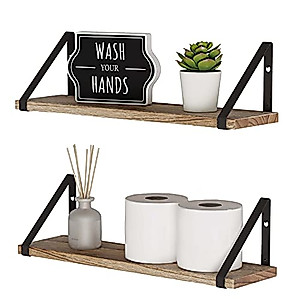 Wallniture Floating Shelves Bathroom Storage Wall Mount Home Decor Bedroom Kitchen Laundry Room Organizer with Black Brackets and Natural Burned Rustic Wood Shelves Set of 2