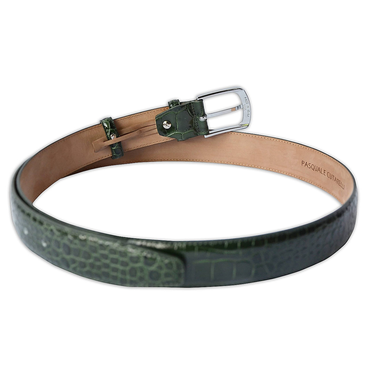 PASQUALE CUTARELLI Mens Crocodile Pattern Italian Leather Belt Green Medium 36 Inches