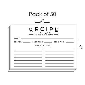 Set of 50 Premium Recipe Cards - 4x6 Double Sided - Black and White Modern Style