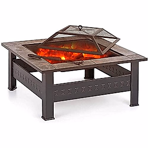 LEAYAN Garden Fire Pit Grill Bowl Grill Barbecue Rack Outdoor Fire Pit with BBQ Grill Shelf,Outdoor Metal Brazier Square Table Firepit Garden Patio Heater with Waterproof Cover