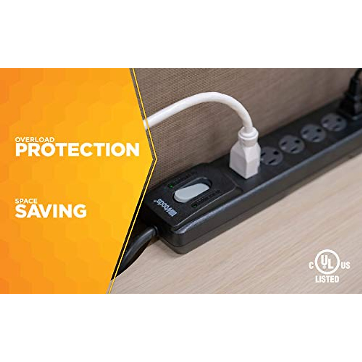 Woods 41496 Surge Protector With Safety Overload Feature 7 Outlets And 10 Ft Cord For 1440J Of Protection, Black