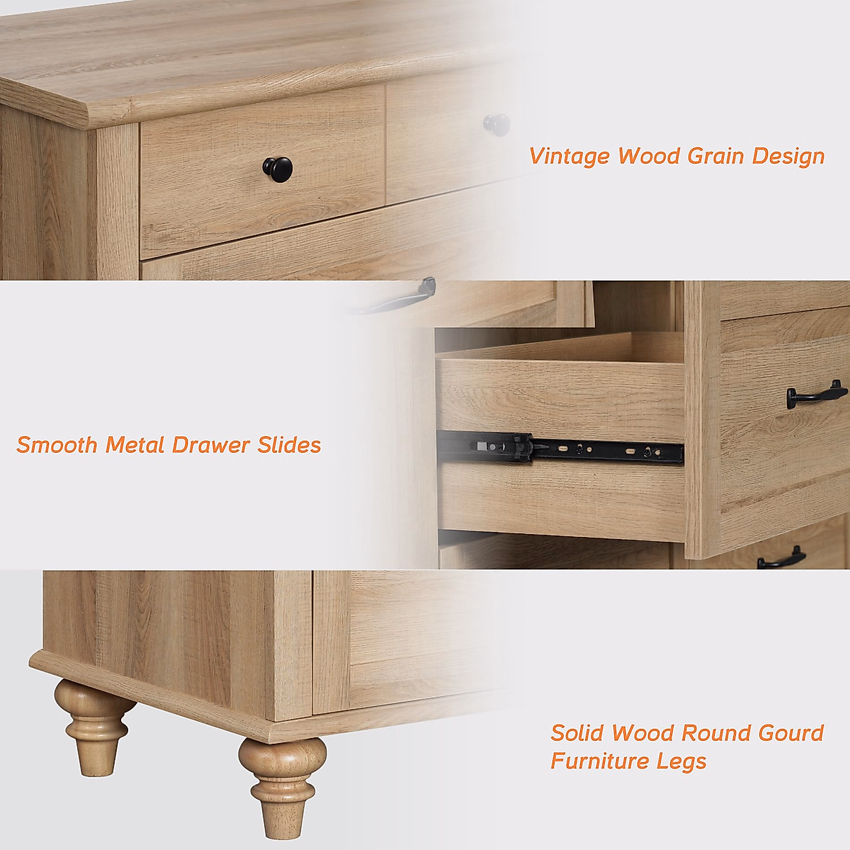 WAMPAT 3 Piece Dresser and Nightstand Sets, Farmhouse Dresser & Chest of Drawers with 5 Drawers & Metal Handle, Set of 2 Nightstands End Table with Charging Staion, 3 Piece Bedroom Set, Oak