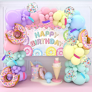 Donut Birthday Party Decorations,140Pcs Sweet One Balloon Garland Arch Kit and Happy Birthday Backdrop,Pastel Confetti Donut Foil Balloons for Donut Grow Up Baby Shower Decor Two Sweet Party Supplies