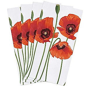 Kitchen Towels Dish Towel Set of 4,Red Poppy Floral Green Plant Absorbent Hand Towels Cleaning Dishcloth Tea Towels,Farm Watercolor Flower Reusable Drying Dish Cloths
