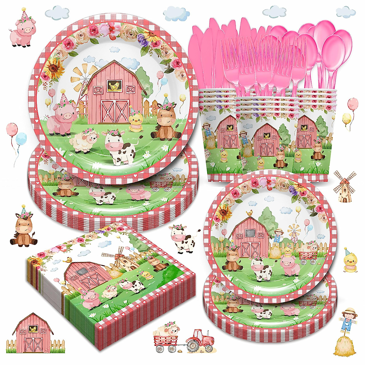 Piooluialy Pink Farm Birthday Party Supplies for Girl - Farm Animal Baby Shower Party Decorations Include Dinner Plates, Cups, Napkins, Cutlery, Farm House Barnyard Theme Party Supplies | Serves 24