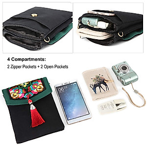 Embroidered Tassels Canvas Crossbody Bag, Cute Shoulder Bag Cellphone Pouch Purse (A02: Vertical-Tassel-Green)