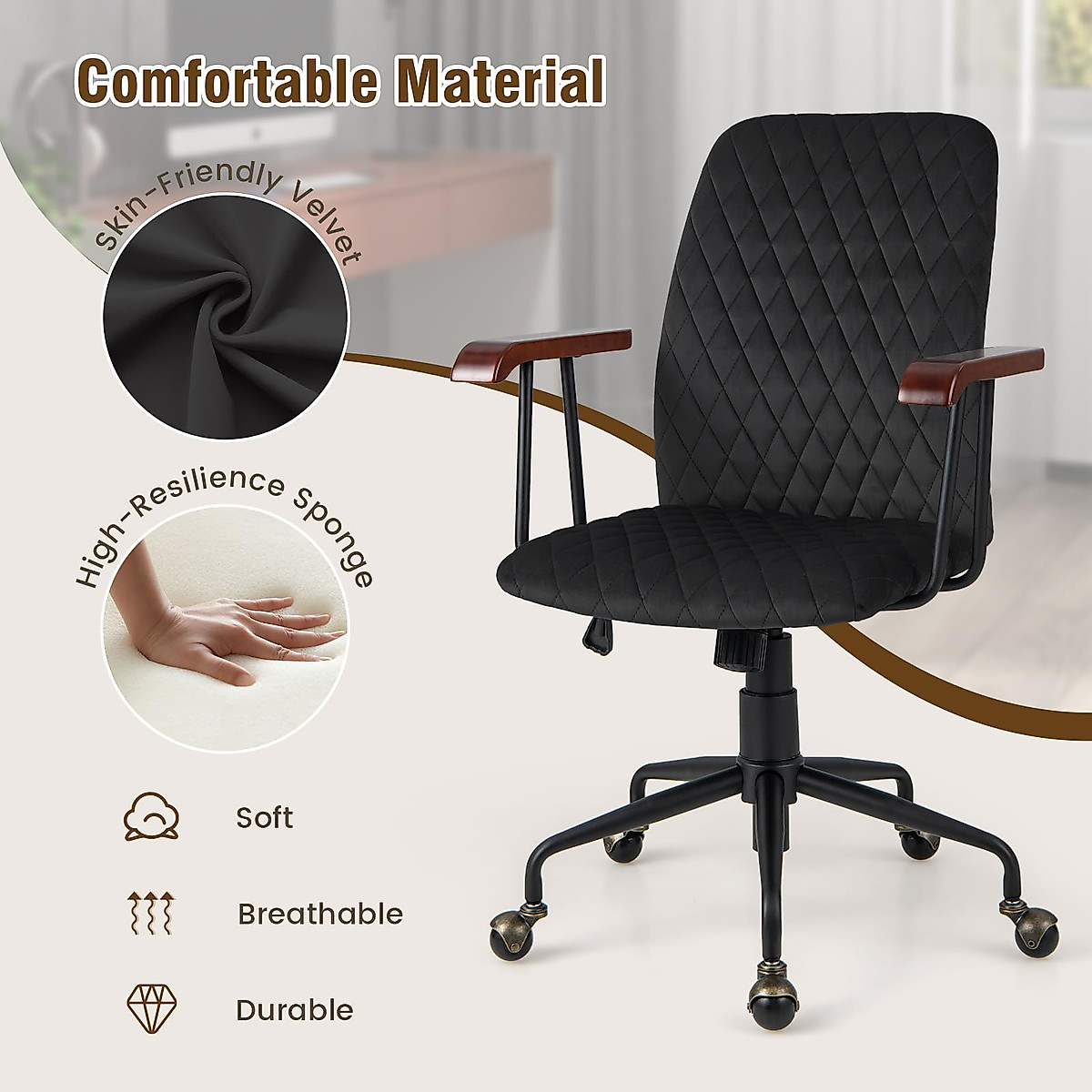 COSTWAY Velvet Office Chair, Upholstered Home Leisure Chair with Rubber Wood Armrests & 5-Claw Metal Base, Vintage Mid-Back Computer Desk Chair for Adult, Home, Office, Study (Black)